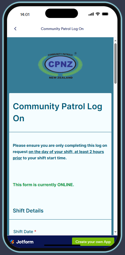 CPNZ Comms Log On & Off App System